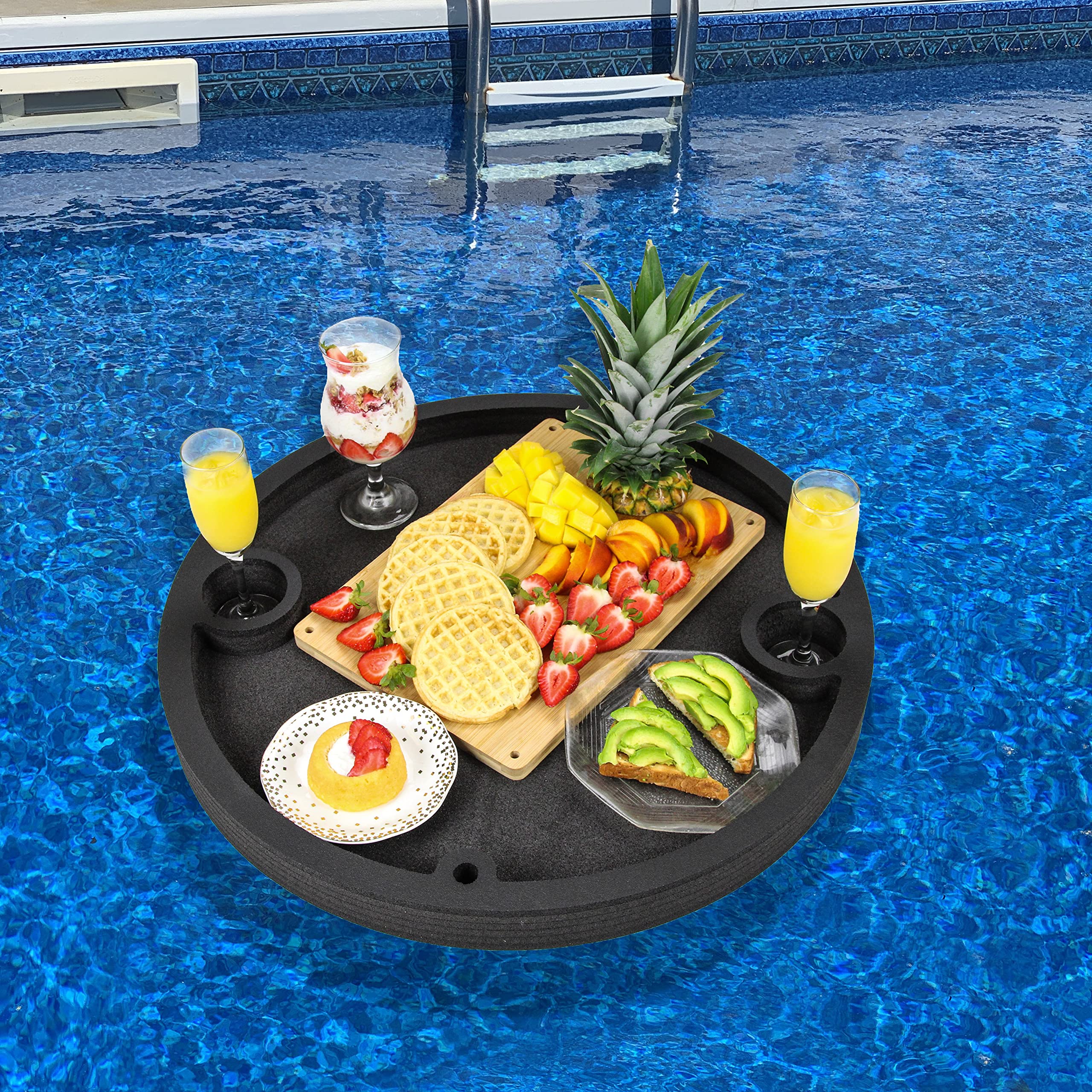 Polar Whale Floating Breakfast Table Serving Buffet Round Tray Drink Holders for Swimming Pool or Beach Party Float Lounge Refreshment Durable Black Foam UV Resistant with Cup Holders 24 Inches Wide