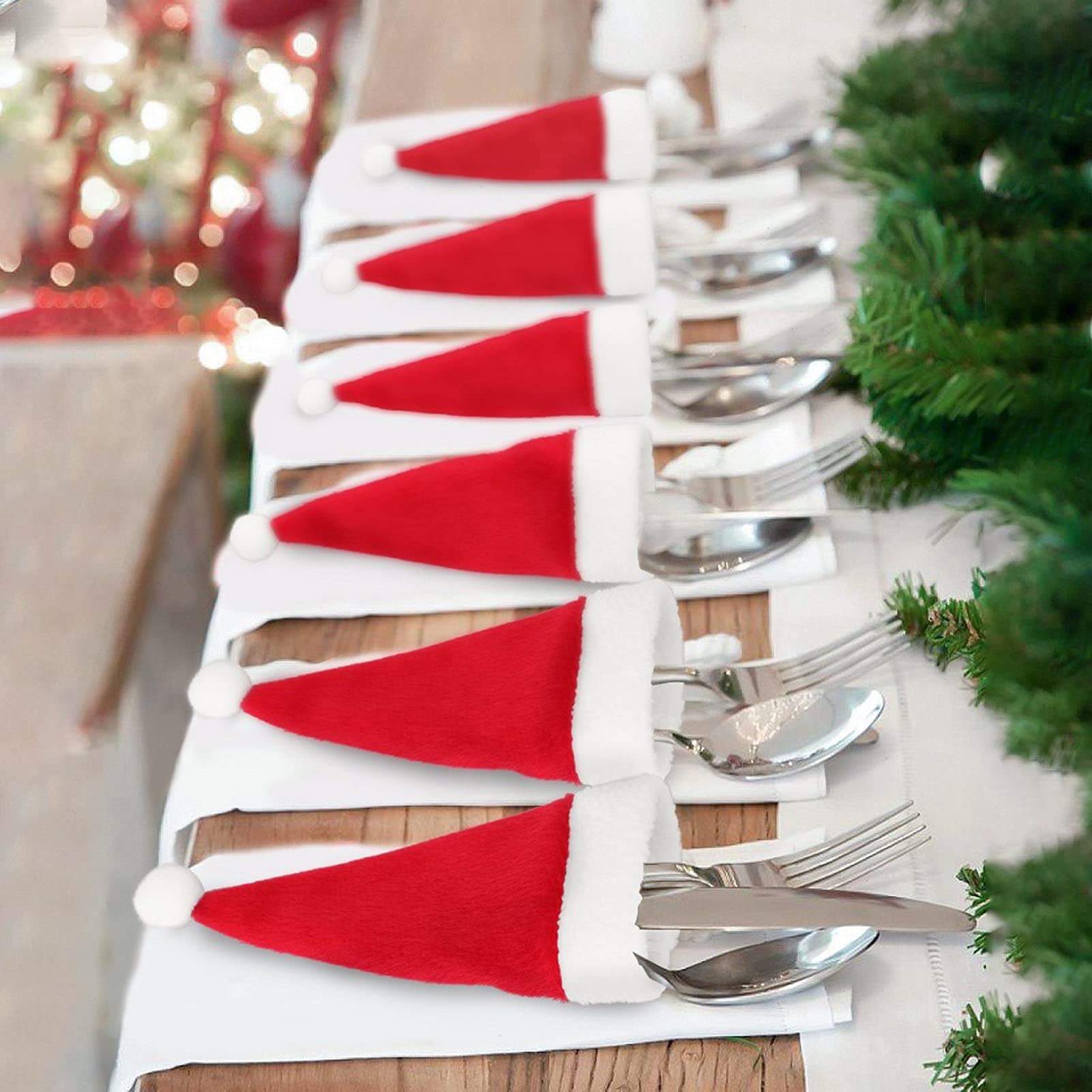 10pcs Mini Christmas Santa Hats Cutlery Suit Decor Table Dinner Silverware Holders Pockets Knifes Forks Tableware Bags Christmas Party Decoration for Home Restaurant Dining Room Red