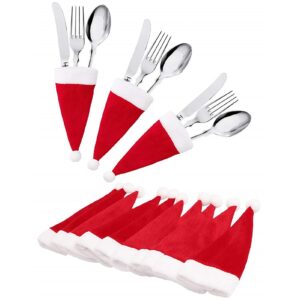 10pcs Mini Christmas Santa Hats Cutlery Suit Decor Table Dinner Silverware Holders Pockets Knifes Forks Tableware Bags Christmas Party Decoration for Home Restaurant Dining Room Red