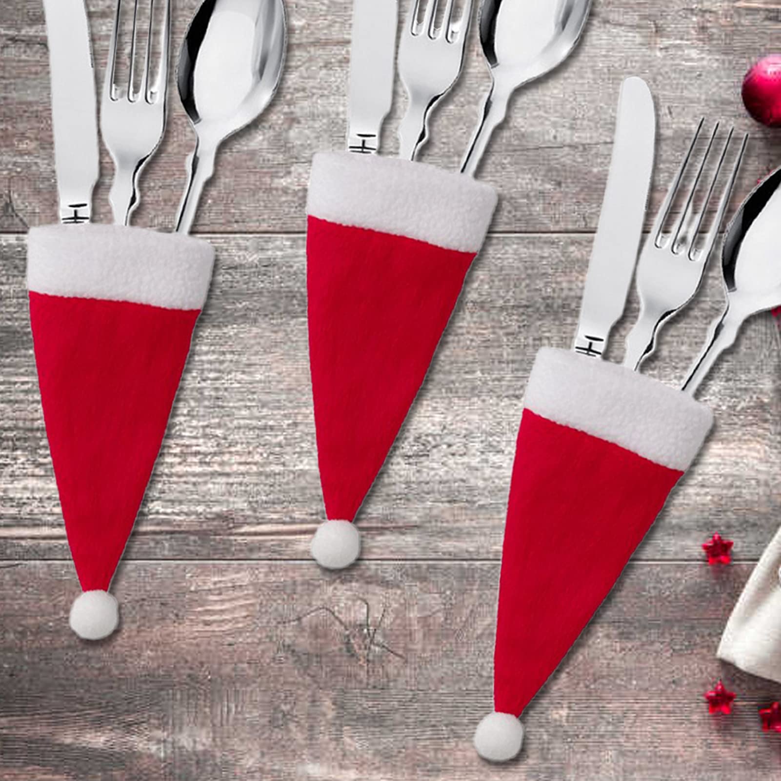 10pcs Mini Christmas Santa Hats Cutlery Suit Decor Table Dinner Silverware Holders Pockets Knifes Forks Tableware Bags Christmas Party Decoration for Home Restaurant Dining Room Red