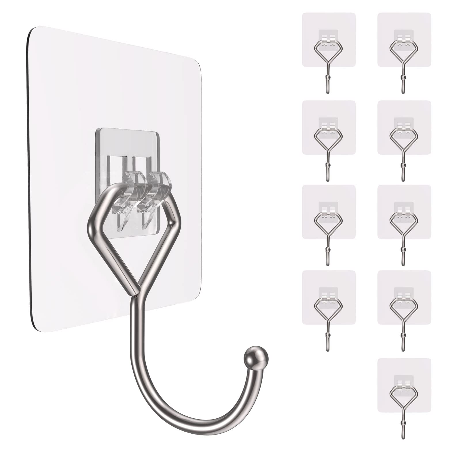 Homstan Large Adhesive Hooks 44Ib(Max), Wall Hooks Self-Adhesive Traceless Clear and Removable, Waterproof and Rustproof Hooks for Hanging for Home Bathroom Kitchen Office and Outdoor, 10-Pack