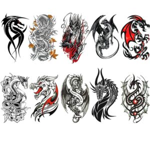 10 sheets large dragon temporary tattoo stickers for men women adults fake sleeve tattoos large tribal totem dragons fake tattoo black realistic animals teens body art tattoo…