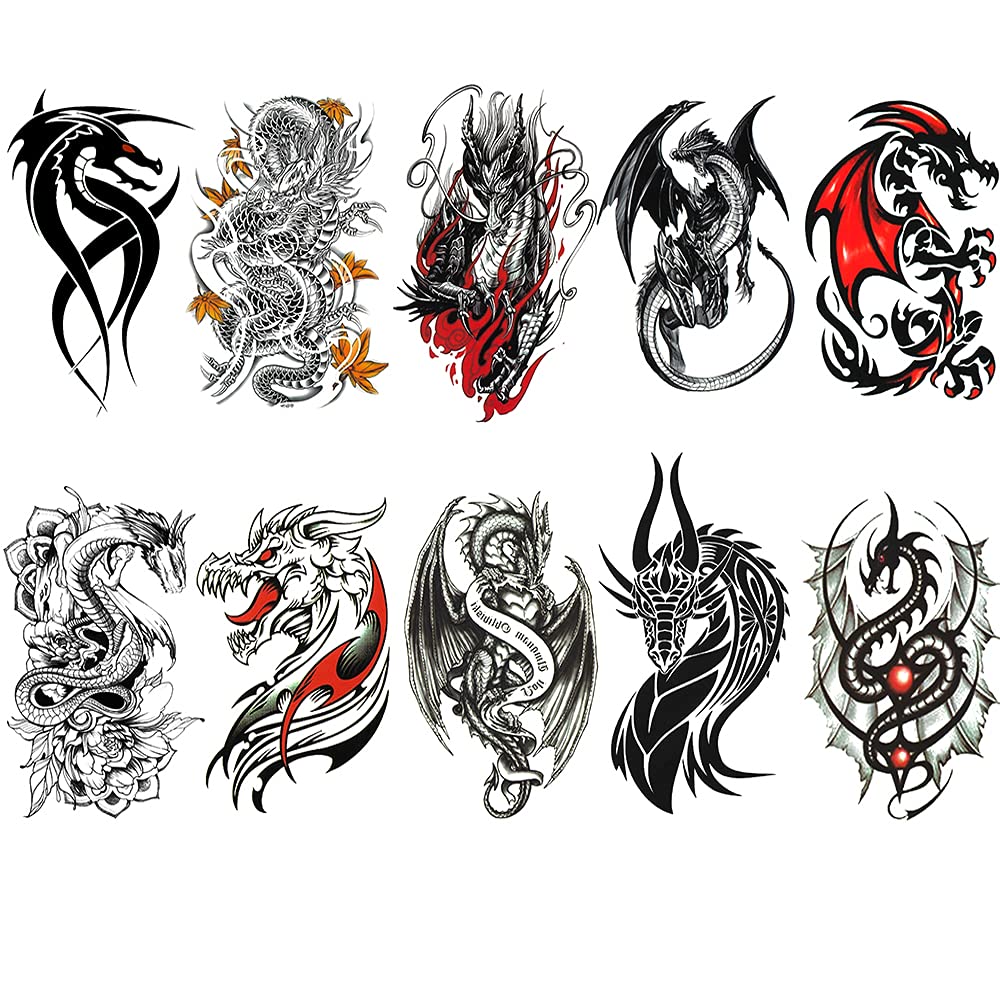 10 Sheets Large Dragon Temporary Tattoo Stickers for Men Women Adults Fake Sleeve Tattoos Large Tribal Totem Dragons Fake Tattoo Black Realistic Animals Teens Body Art Tattoo…