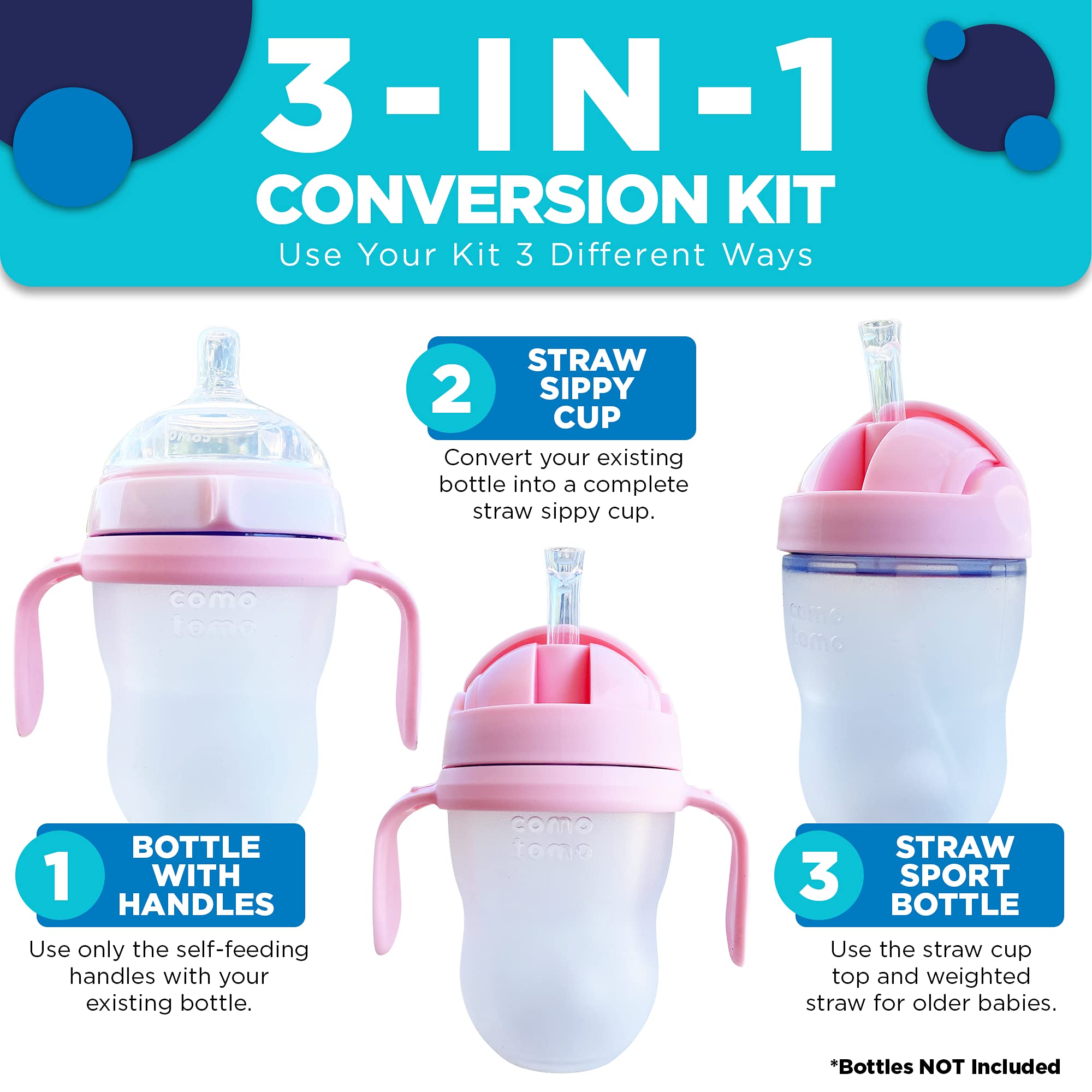 Botabee 3-in-1 Weighted Straw Sippy Cup Conversion Kit for Comotomo Bottles | Versatile, Leak-Proof - Easy-to-Use Sippy Cup Solution for Babies and Toddlers | Compatible with Comotomo 5oz & 8oz Bottle