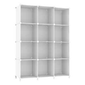 awtatos cube storage organizer modular storage 12 cube bookshelf diy plastic closet clothes storage shelves with wooden mallet, stackable storage solution for home, office, bedroom, white