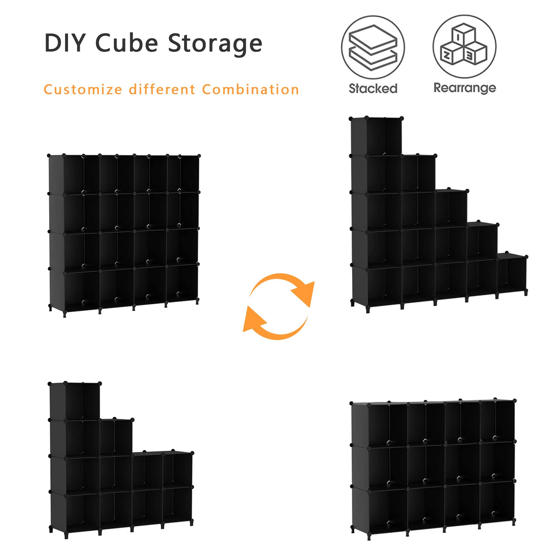 AWTATOS Cube Storage Organizer, 16 Cube Closet Organizer, Stackable Storage Cube Shelves, DIY Portable Closet Clothes Organizer Shelving for Bedroom, Closet, Wardrobe, Bathroom, Black