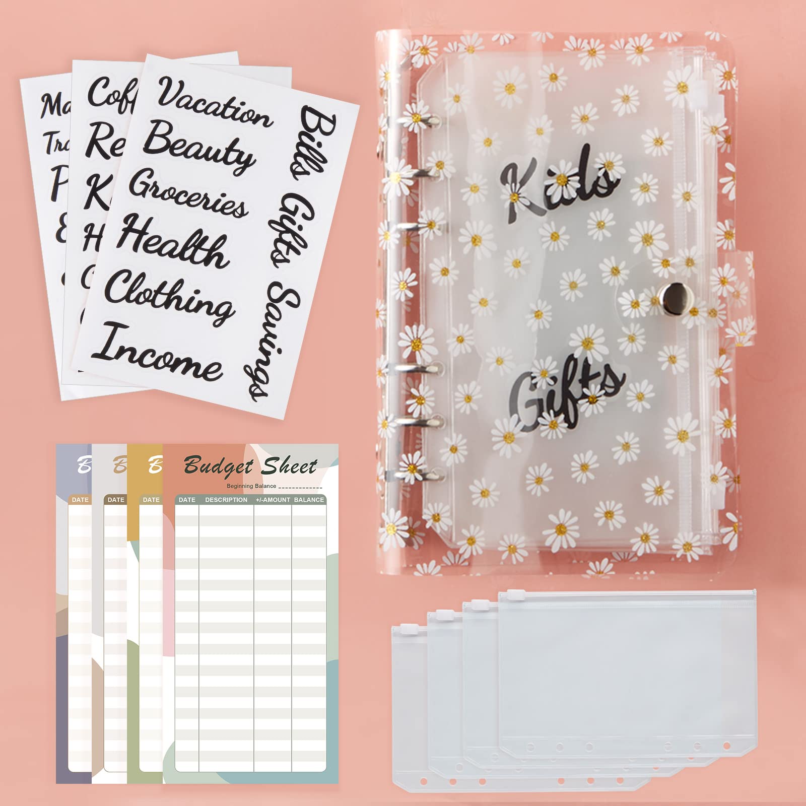 OOUUREC Daisy Cash Envelope Budget Binder Organizer - with 30 Budget Stickers, Expense Tracker, A6 Zipper Binder Pockets & Money Saving Binder, Personal Organizer Finance Planner for Cash and Coupon