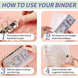 OOUUREC Daisy Cash Envelope Budget Binder Organizer - with 30 Budget Stickers, Expense Tracker, A6 Zipper Binder Pockets & Money Saving Binder, Personal Organizer Finance Planner for Cash and Coupon