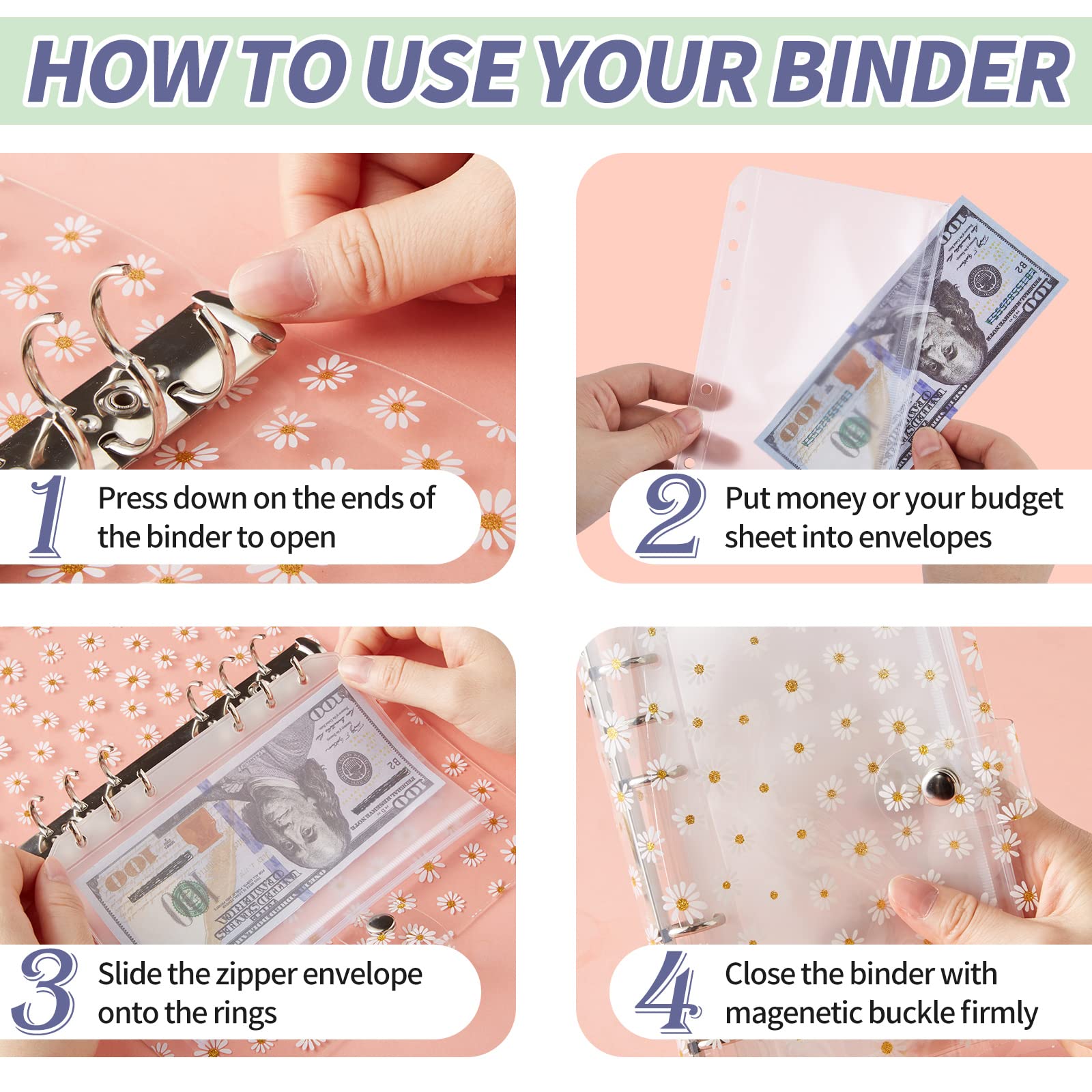 OOUUREC Daisy Cash Envelope Budget Binder Organizer - with 30 Budget Stickers, Expense Tracker, A6 Zipper Binder Pockets & Money Saving Binder, Personal Organizer Finance Planner for Cash and Coupon