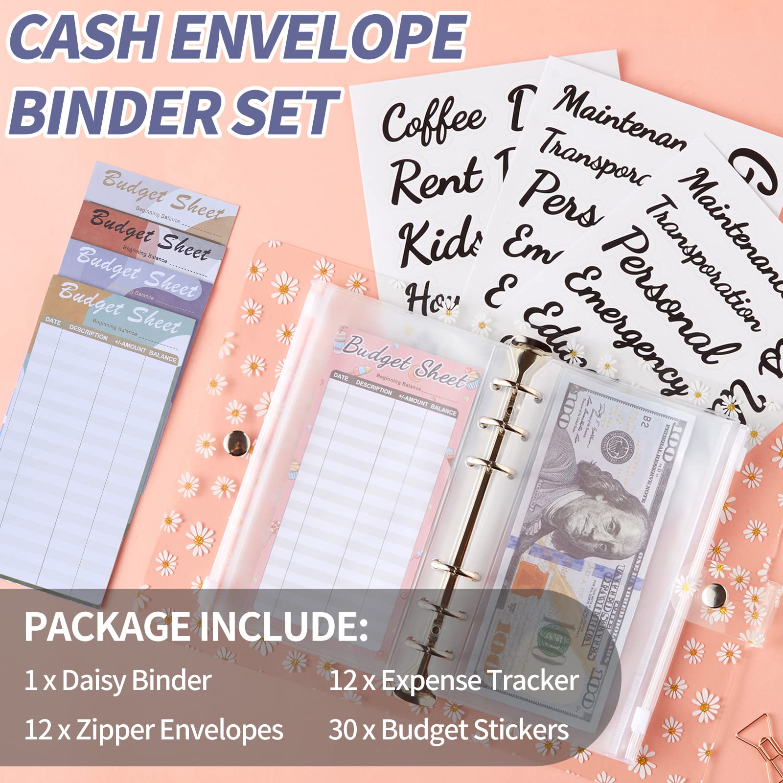 OOUUREC Daisy Cash Envelope Budget Binder Organizer - with 30 Budget Stickers, Expense Tracker, A6 Zipper Binder Pockets & Money Saving Binder, Personal Organizer Finance Planner for Cash and Coupon