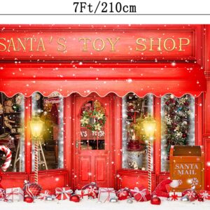 DePhoto Red Christmas Photo Backdrop Santa's Toy Shop Candy Cane in Snow World Xmas Family Holiday Party Banner Photography Background Supplies Decor Studio Prop PGT673A 7x5ft