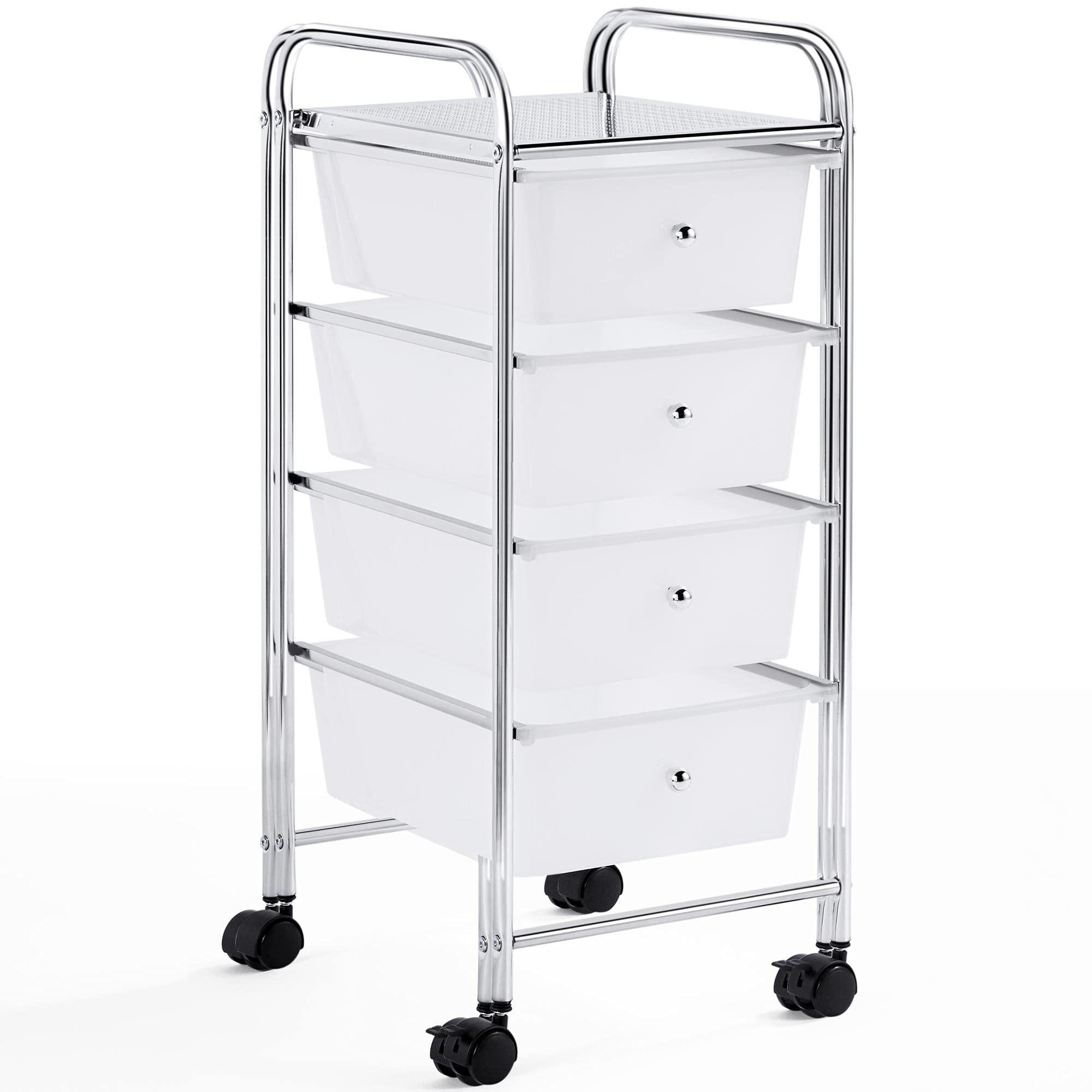 Yaheetech 4 Drawers Cart Rolling Plastic Storage Cart and Organizer Metal Frame Plastic Drawers Plastic Trolley Organizer on Wheels, White