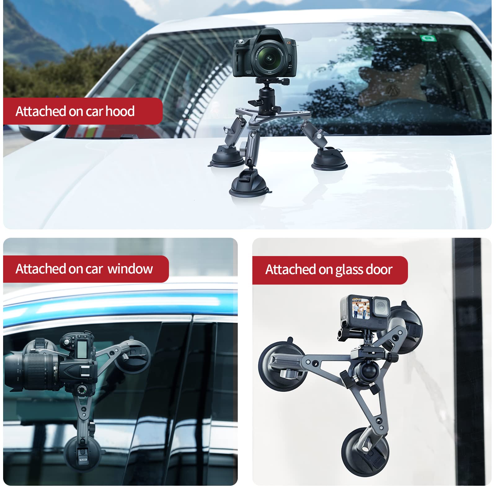 Triple Suction Cup Car Mount Heavy Duty Tripod with 360 Ball Head for GoPro Insta360 DJI Action DSLR Mirrorless Camera, Dashboard Windshield Window Hi-Speed Motion Vehicle Holder Attach Accessories 1