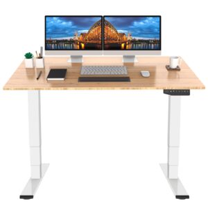 flexispot pro bamboo 3 stages dual motor electric standing desk 55x28 inch whole-piece desk board height adjustable desk electric sit stand up desk modern desk (white frame + bamboo desktop)