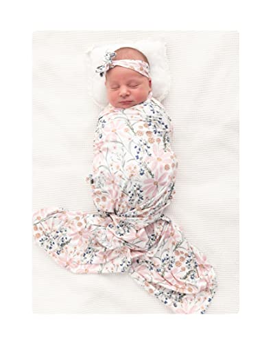 Vollmic Newborn Baby Girl Receiving Blanket Swaddle Blanket Stretchy Knit Swaddle Set with Matching Headband (Golden Flower)