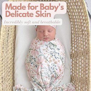 Vollmic Newborn Baby Girl Receiving Blanket Swaddle Blanket Stretchy Knit Swaddle Set with Matching Headband (Golden Flower)