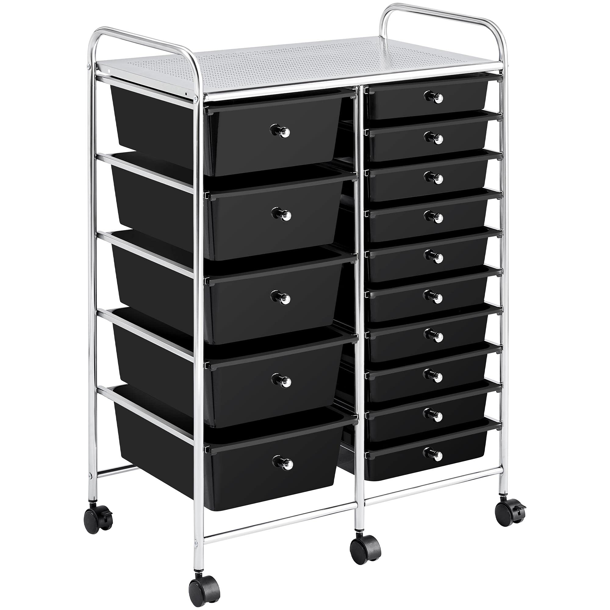 Yaheetech 15 Drawers Rolling Storage Cart Multipurpose Mobile Rolling Utility Storage Organizer Cart Tools Scrapbook Paper Organizer on Wheels, Black