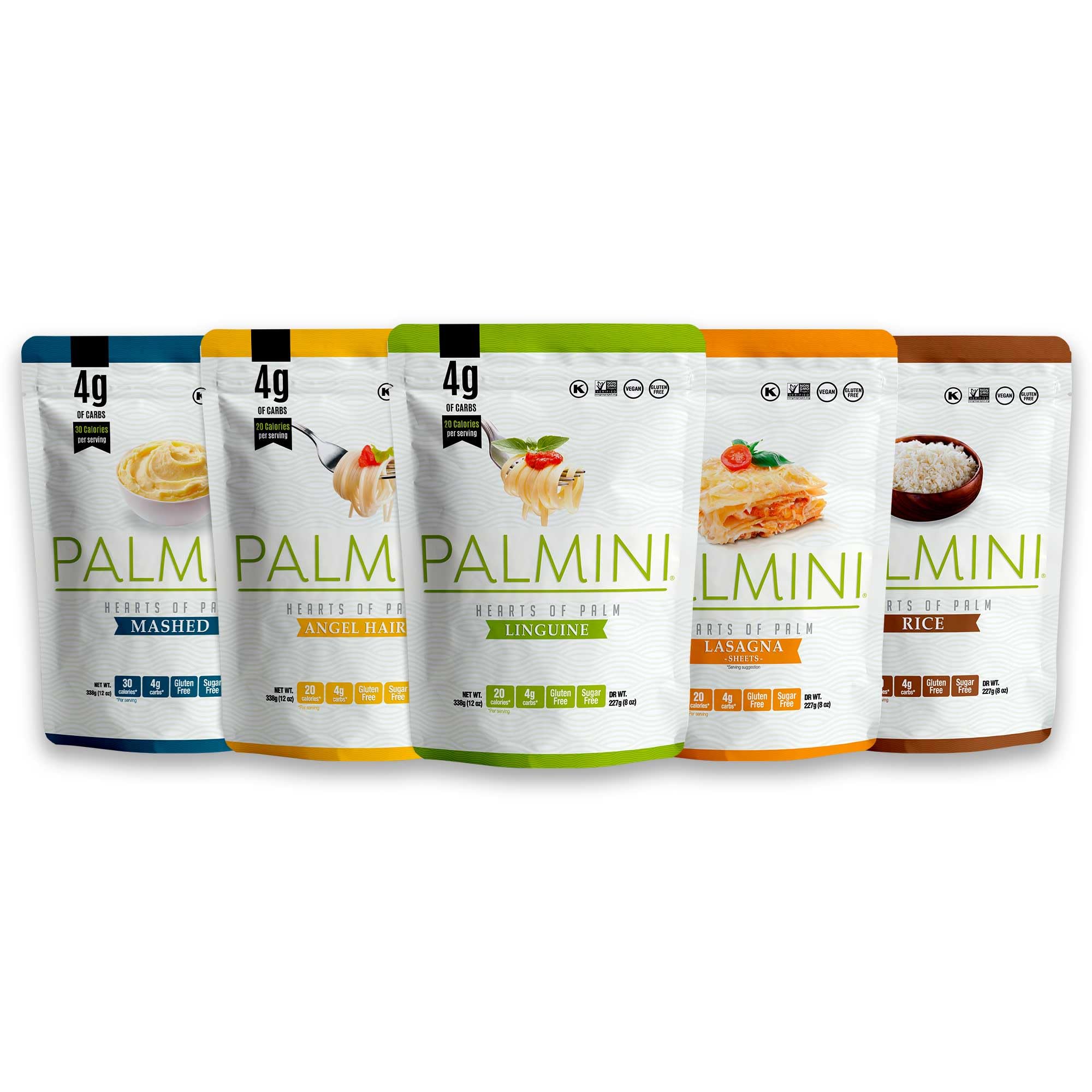 NEW !! Palmini Pouch VARIETY PACK | Linguine | Angel Hair | Lasagna | Rice | Mashed | 4g of Carbs | As Seen On Shark Tank | Gluten Free (12 Ounce)