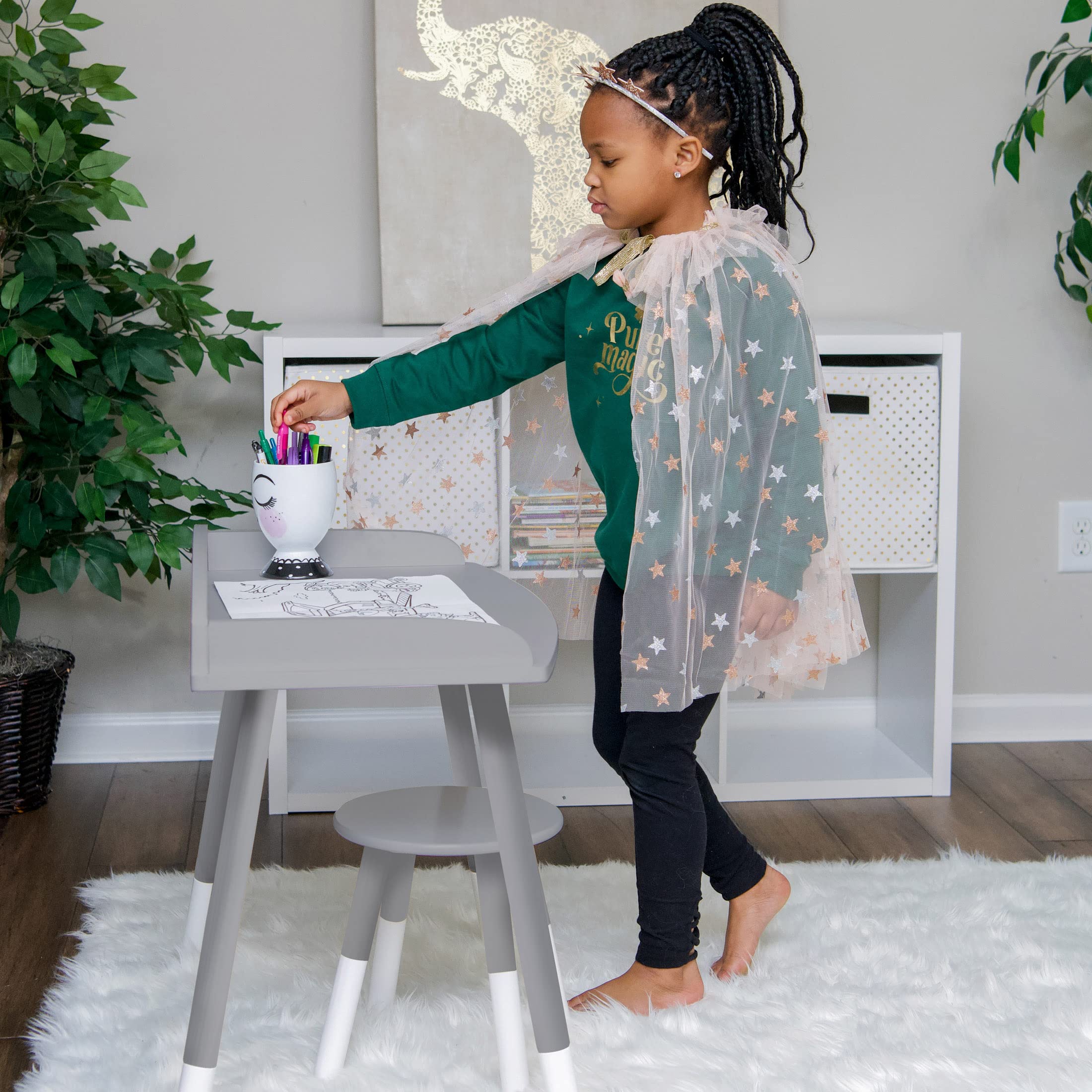 Wildkin Kids Modern Study Desk and Stool Set for Boys and Girls, Includes One Matching Stool, Classic Timeless Design Features Panel Edges on Tabletop and Solid Wood Legs (Gray w/White)