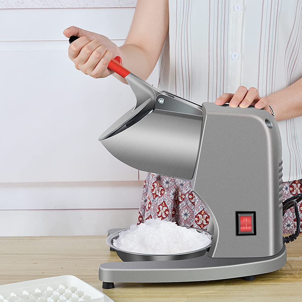 OKF Ice Shaver Prevent Splash Electric Three Blades Snow Cone Maker 380W Stainless Steel Shaved Ice Machine 286lbs/hr Home and Commercial Ice Crushers with Ice Pick