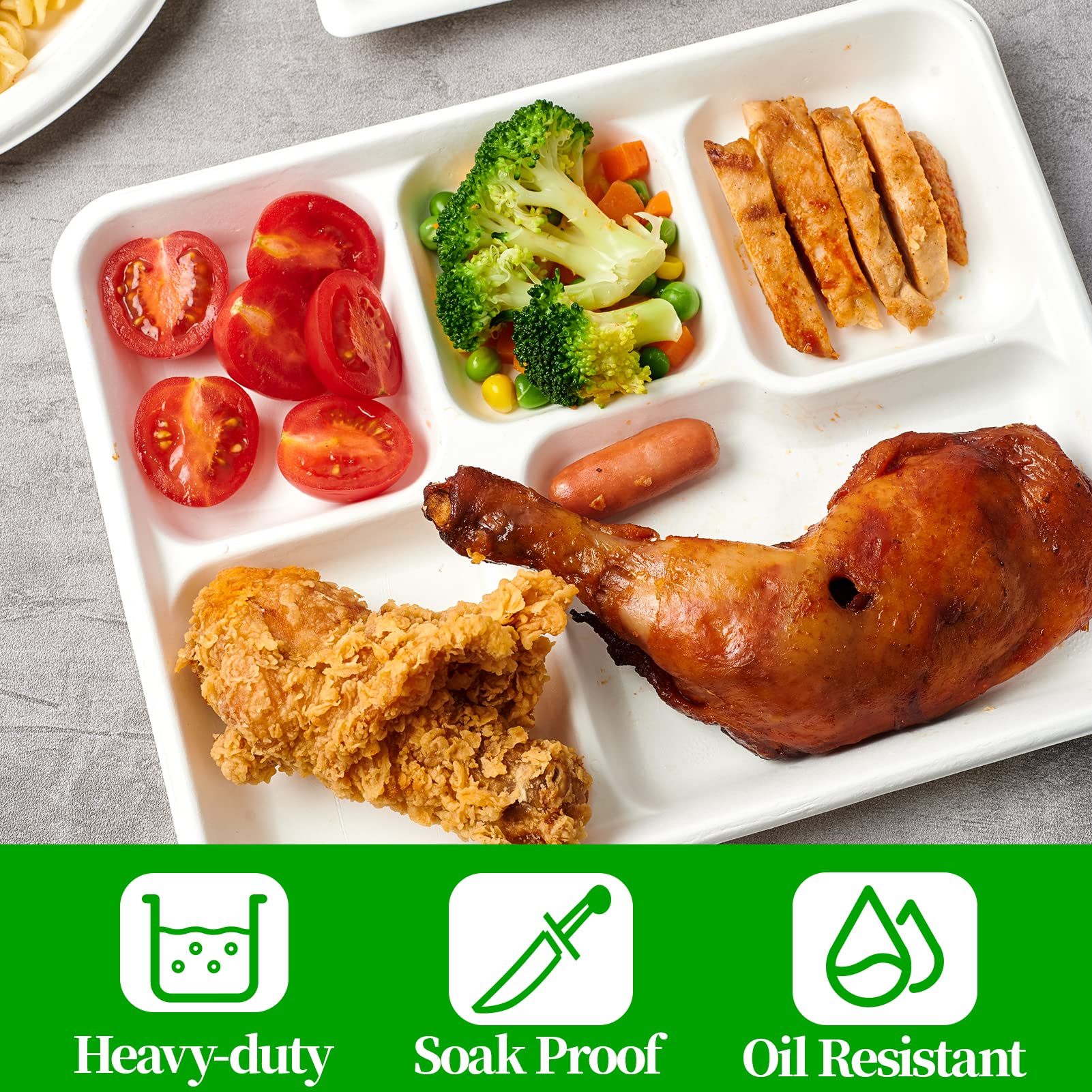 ECOLipak 100% Compostable 5 Compartment Plates, 125 Pack Disposable Paper Plates, Heavy-Duty Biodegradable Sugarcane Plates, Eco-Friendly School Lunch Trays