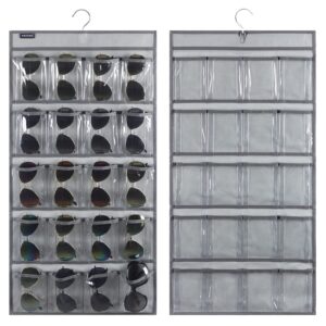 anzorg dual sided hanging sunglasses organizer storage wall mounted eyeglasses holder eyewear display case with 40 clear slots (40 pockets-grey)