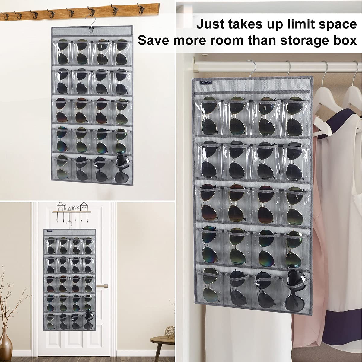 ANZORG Dual Sided Hanging Sunglasses Organizer Storage Wall Mounted Eyeglasses Holder Eyewear Display Case with 40 Clear Slots (40 Pockets-Grey)