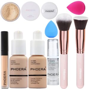 phoera foundation,full coverage foundation,phoera primer,phoera powder,phoera concealer phoera makeup set, kabuki makeup brushes foundation brush powder,2 makeup sponge (102 nude + 103 warm peach)