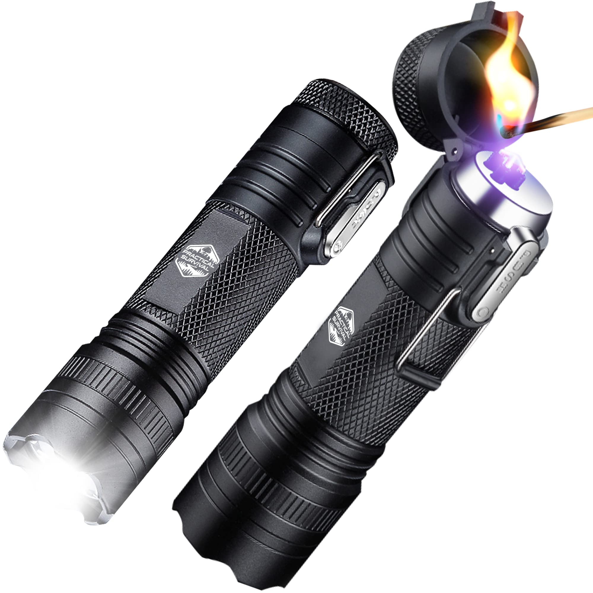 Practical Survival LED Emergency Tactical Flashlight Plasma Lighter Combo, 2-Pack, Water Resistant, Wind Resistant, Rechargeable, Compact, 2-In-1 Tool, White