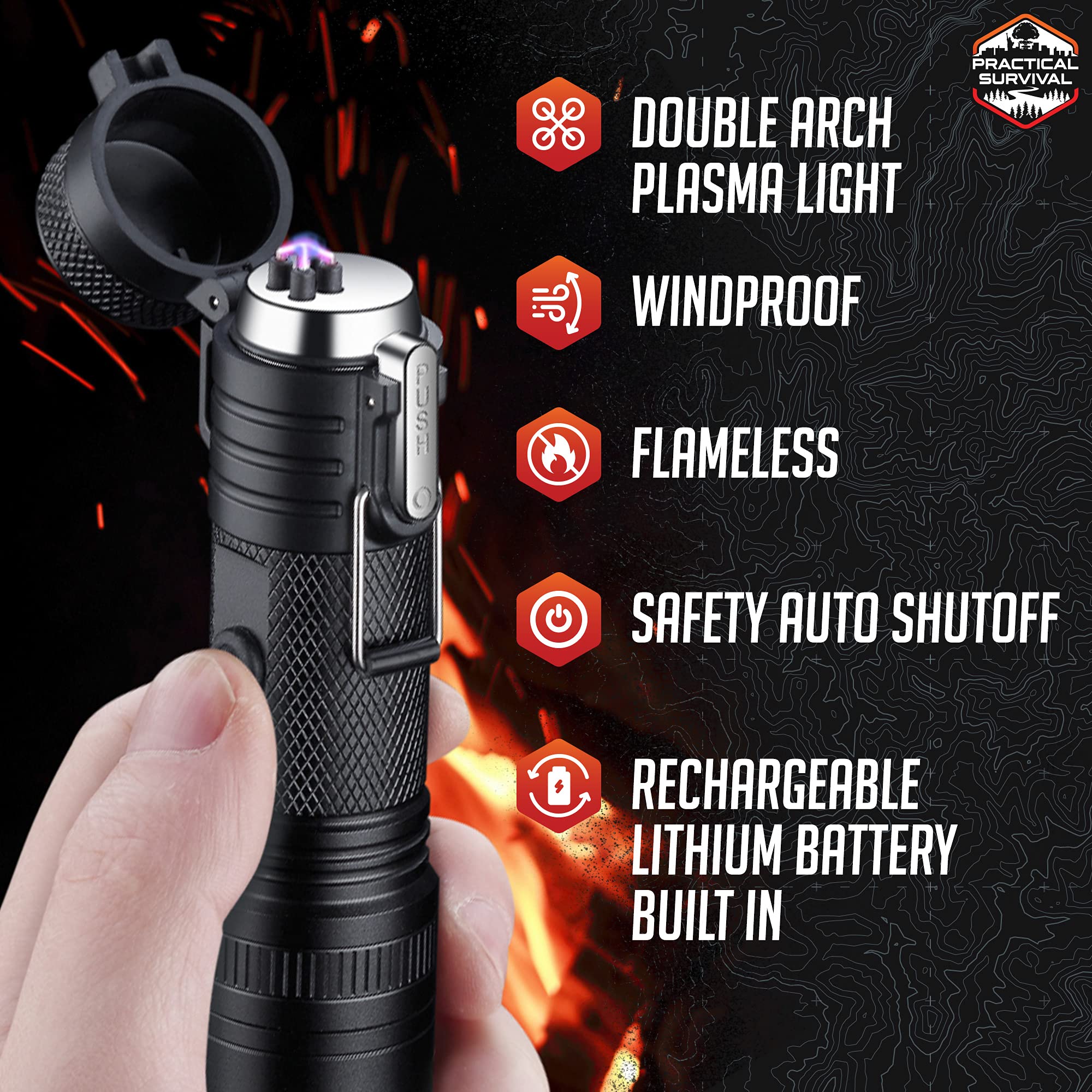 Practical Survival LED Emergency Tactical Flashlight Plasma Lighter Combo, 2-Pack, Water Resistant, Wind Resistant, Rechargeable, Compact, 2-In-1 Tool, White