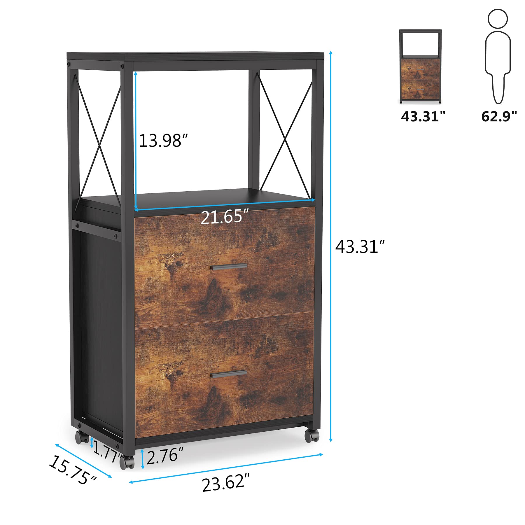 Tribesigns 2-Drawer File Cabinet with Open Storage, Mobile Vertical Filling Cabinet Fits Legal Size, Large Printer Stand on Wheels for Home Office