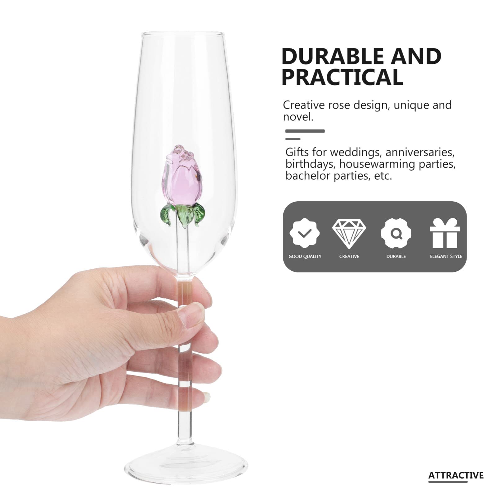 Red Wine Glass Rose Wine Glass Crystal Flute Rose Flower Goblet Cocktail Cup Drinking Glassware for Halloween Christmas Wedding Birthday Party Decoration Pink (20x6cm)