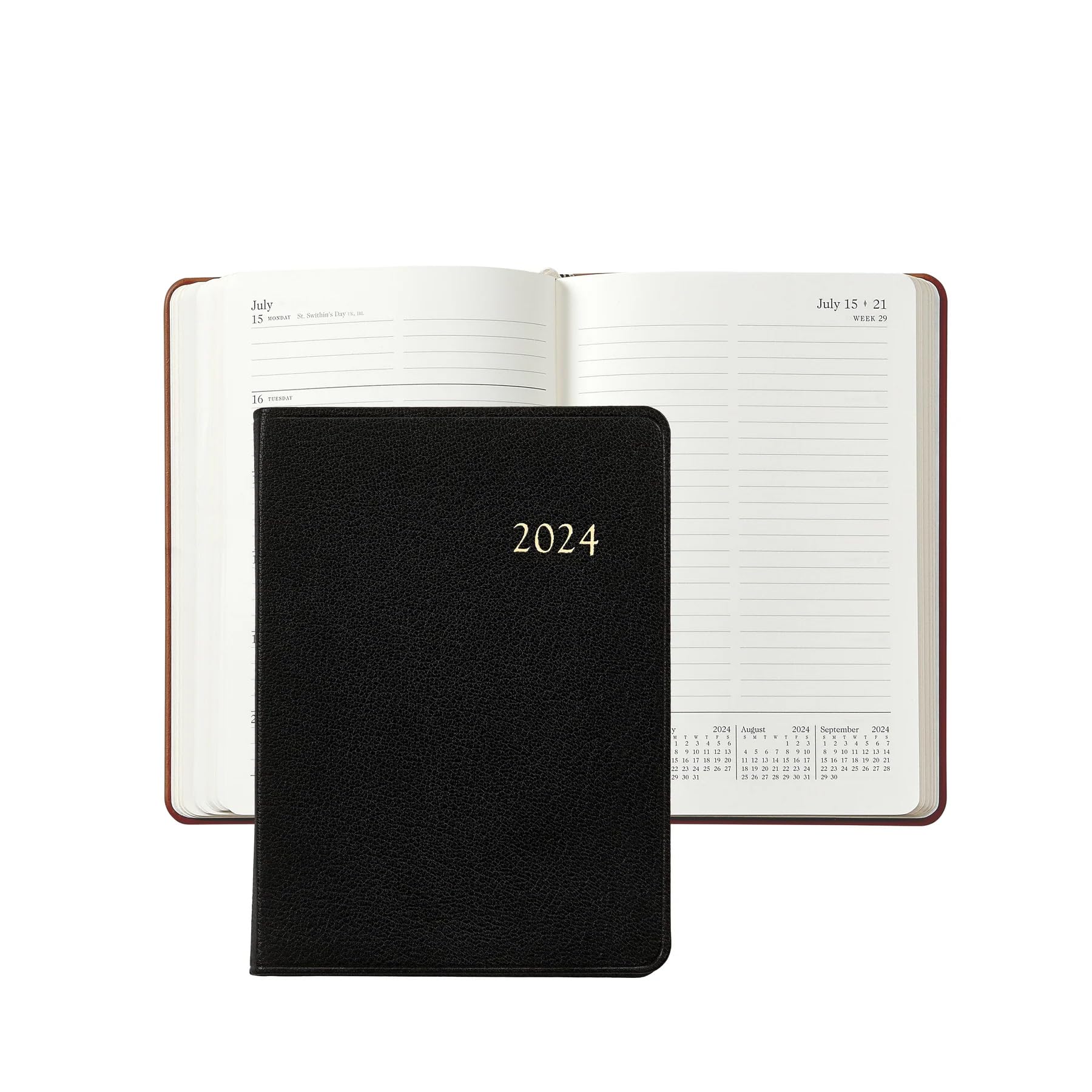 Graphic Image 2024 Notebook, Month and Week-at-a-view pages, Appointments, Daily Notes, Travel Information, U.S. & International Holidays, Genuine Leather (5⅜" W x 7⅜" H - Made in the USA)