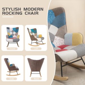 KGOPK Nursery Rocking Chair, Mid Century Upholstered Rocker Glider Chair High Back Armchair with Wood Legs and Patchwork Linen for Livingroom Bedroom