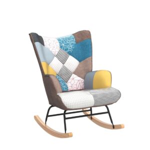 KGOPK Nursery Rocking Chair, Mid Century Upholstered Rocker Glider Chair High Back Armchair with Wood Legs and Patchwork Linen for Livingroom Bedroom