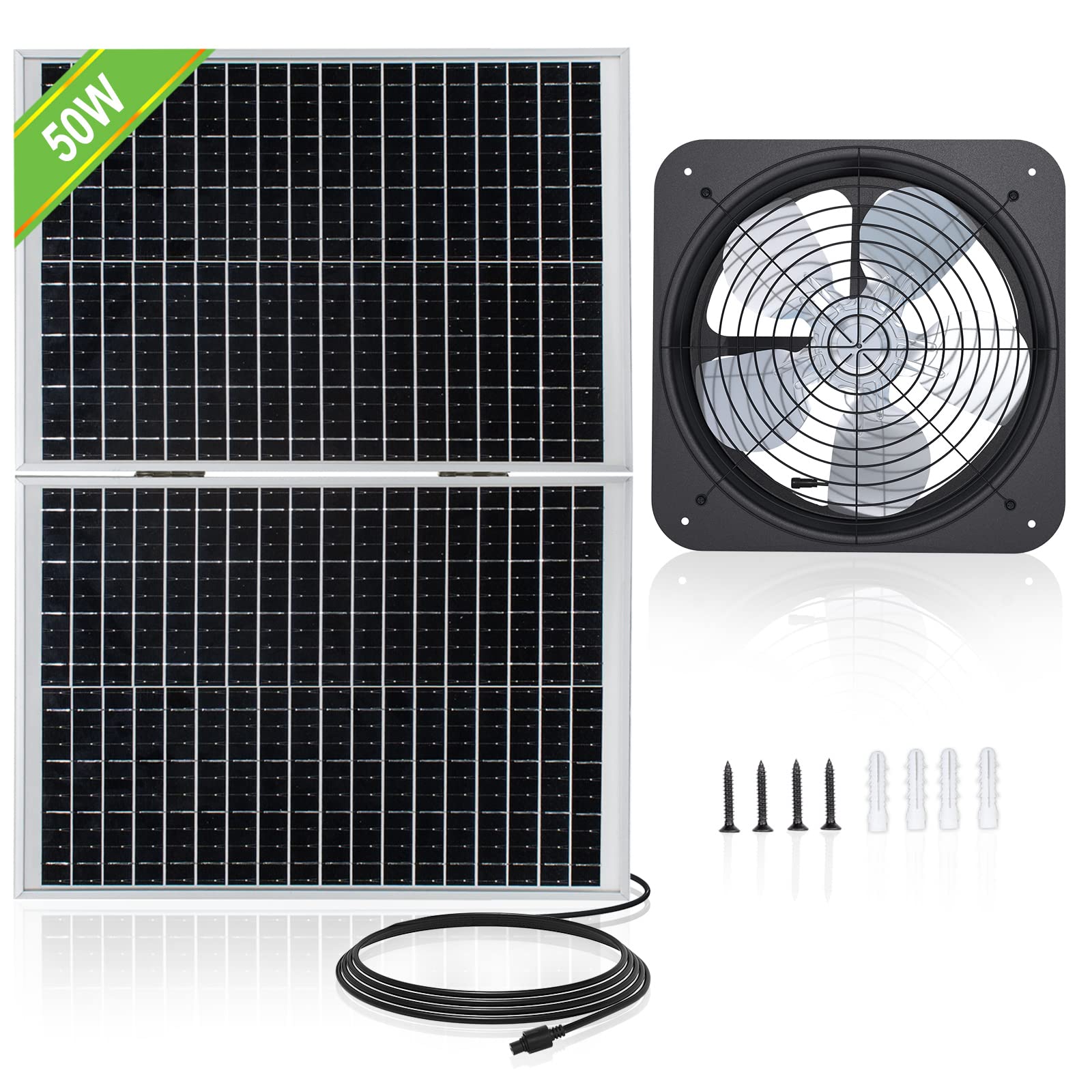 Pumplus Solar Fan, Powerful 50-Watt Ventilation Fan Kit Solar Powered Roof Vent, 14" DC Fan up to 1200CFM Large Flow, Plug & Play