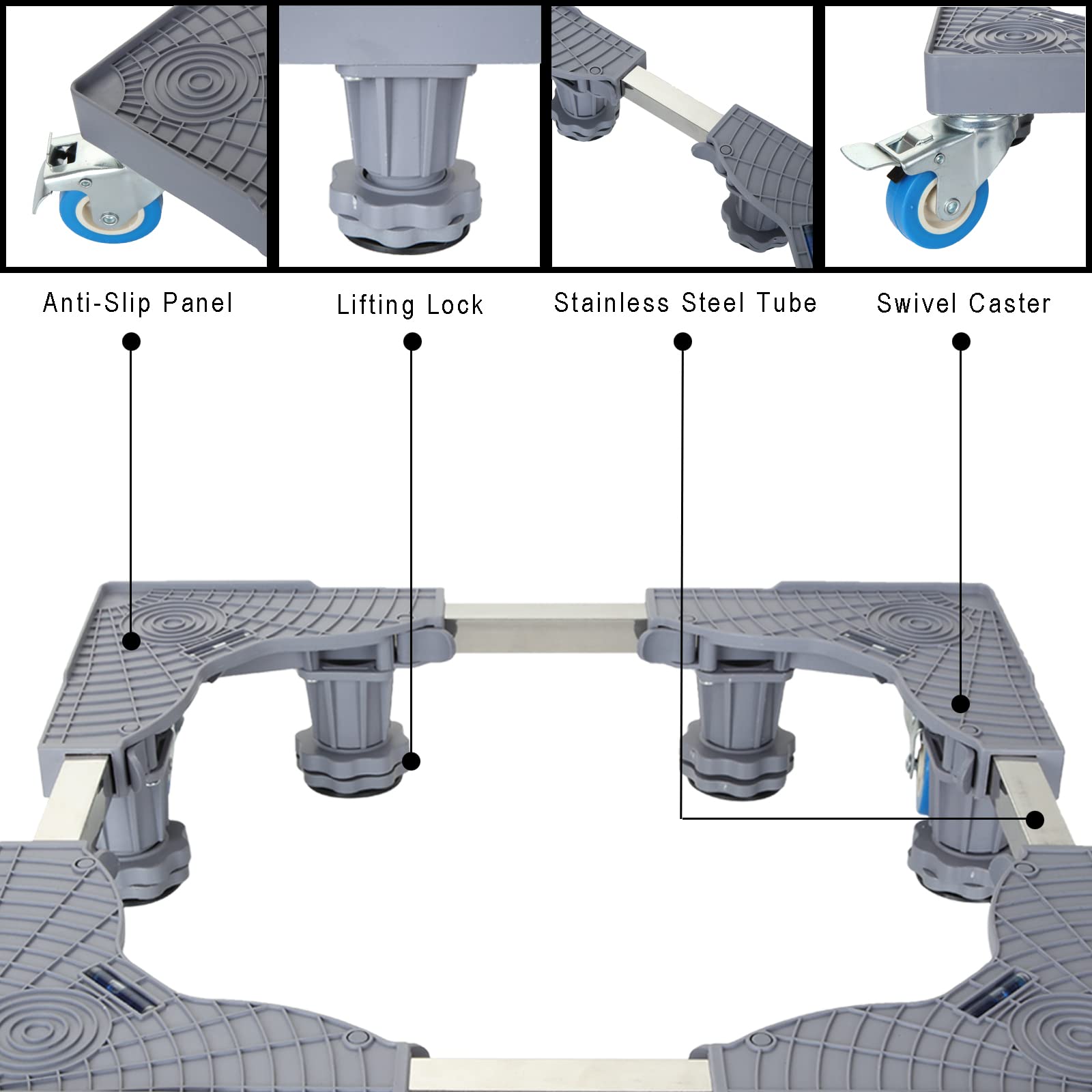 Fridge Stand Adjustable Washing Machine Stand Base With 4 Locking Rubber Wheels & Riser Feet Universal Washer and Dryer Stand Heavy Duty For Washing Machine, Dryer, Refrigerator, Laundry Pedestal