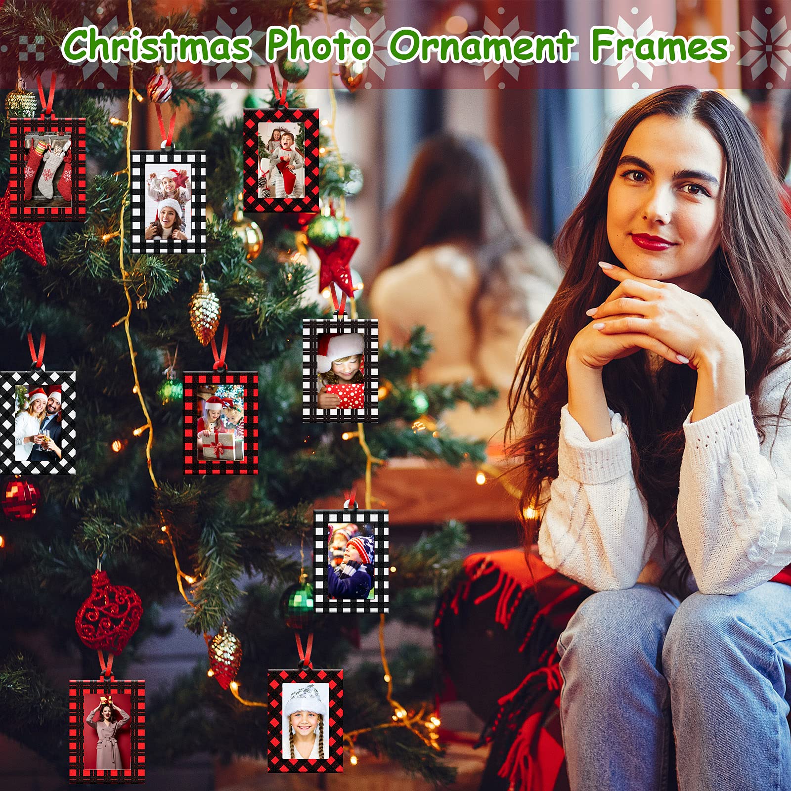 Yalikop 36 Pieces Christmas Picture Frame Ornaments Hanging Photo Frame Ornament Family Felt Hanging Photo Frames Red Buffalo Plaid Xmas Picture Frame for Christmas Trees Decoration (Cute Style)