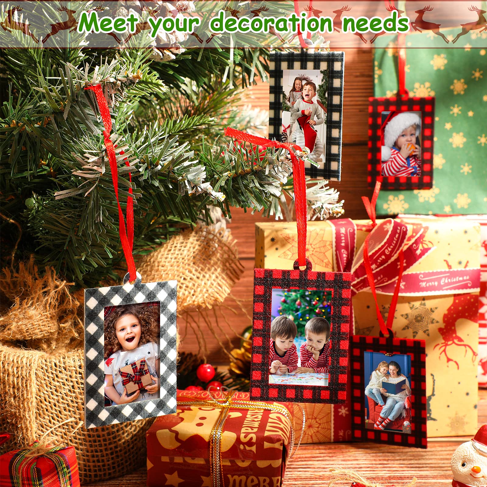 Yalikop 36 Pieces Christmas Picture Frame Ornaments Hanging Photo Frame Ornament Family Felt Hanging Photo Frames Red Buffalo Plaid Xmas Picture Frame for Christmas Trees Decoration (Cute Style)