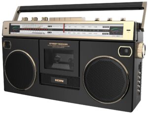 ion audio 1980s-style portable bluetooth boombox am/fm radio cassette player recorder, vu meters, usb recording, dual full-range high bass speakers (gold edition)