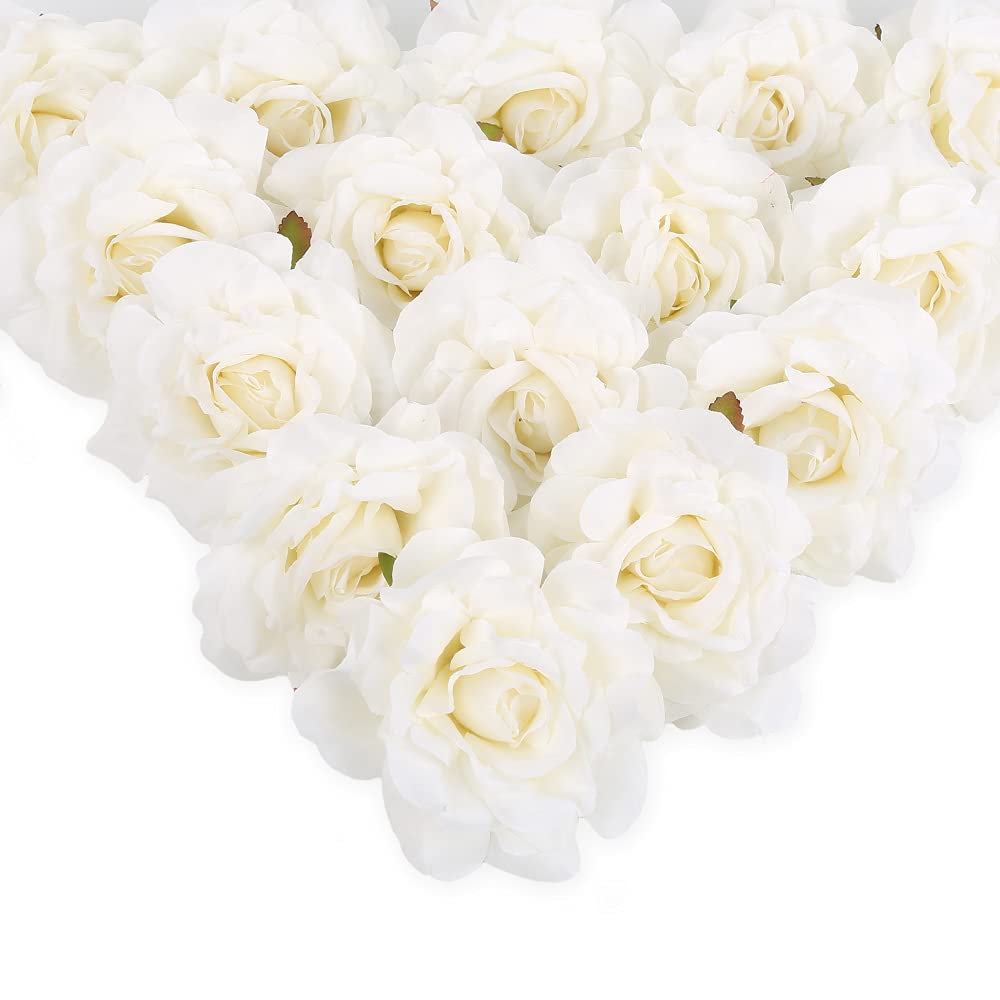 SDEERIT White Silk Rose Flowers Heads,4.3inch 20pcs Artificial stemless Flower Heads for DIY Wedding Bouquets Baby Shower Centerpieces Floral Arrangements Party Tables Home Decorations(White)