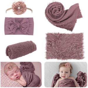 aoke 5 pcs newborn photography wrap props kit, newborn photo props long ripple wraps diy blanket with flower headbands, purple toddler baby photography props mat set for baby boys and girls