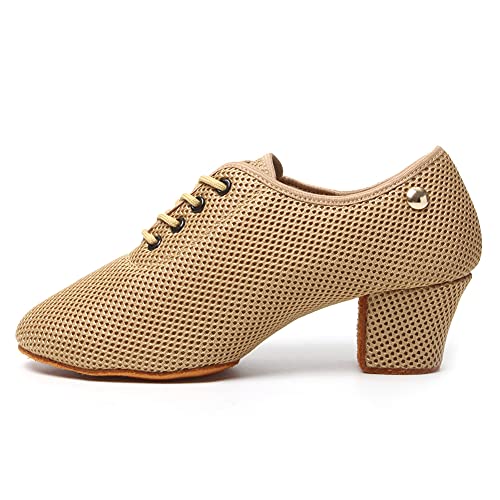 RUYBOZRY Women&Men Latin Dance Sneakers Lace-up Practice Closed Toe Modern Ballroom Salsa Teaching Low Heel Split Sole Dancing Shoes,Model-708W-LDDMD,Brown,7.5 US