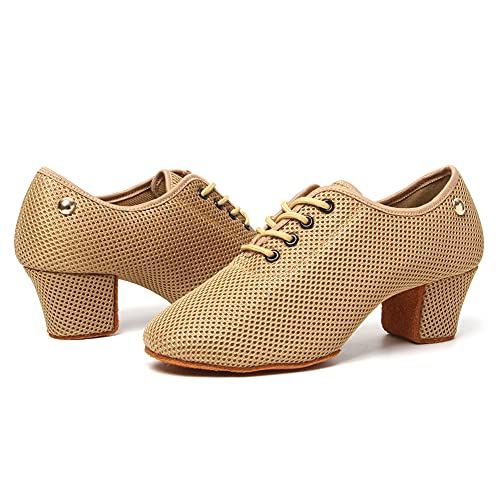 RUYBOZRY Women&Men Latin Dance Sneakers Lace-up Practice Closed Toe Modern Ballroom Salsa Teaching Low Heel Split Sole Dancing Shoes,Model-708W-LDDMD,Brown,7.5 US