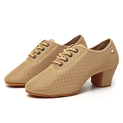 RUYBOZRY Women&Men Latin Dance Sneakers Lace-up Practice Closed Toe Modern Ballroom Salsa Teaching Low Heel Split Sole Dancing Shoes,Model-708W-LDDMD,Brown,7.5 US