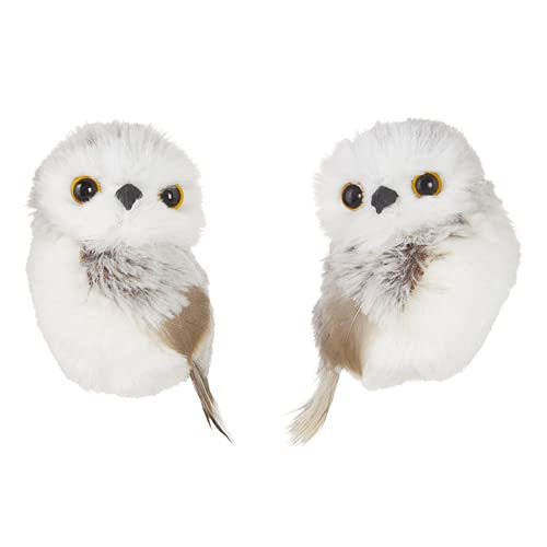 Fluffy White & Tan Owl Ornaments, Set of 2