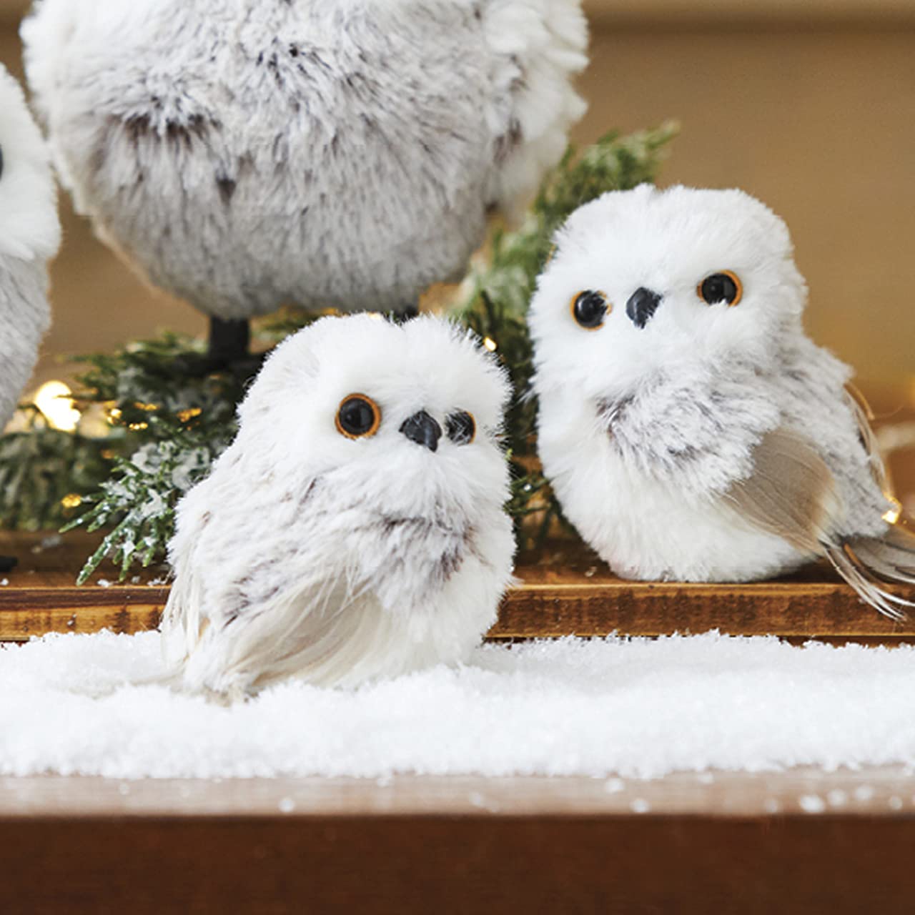 Fluffy White & Tan Owl Ornaments, Set of 2