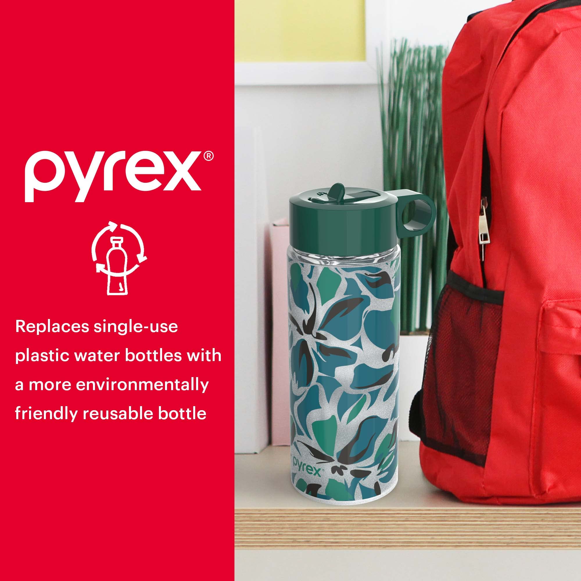 Pyrex 24-Oz Color Changing Glass Water Bottle with Flip-Top Lid, Leakproof and Textured , Reusable , Eco-Friendly, BPA-Free Silicone Coating, Lily Floral