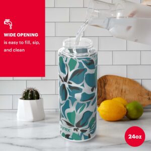 Pyrex 24-Oz Color Changing Glass Water Bottle with Flip-Top Lid, Leakproof and Textured , Reusable , Eco-Friendly, BPA-Free Silicone Coating, Lily Floral