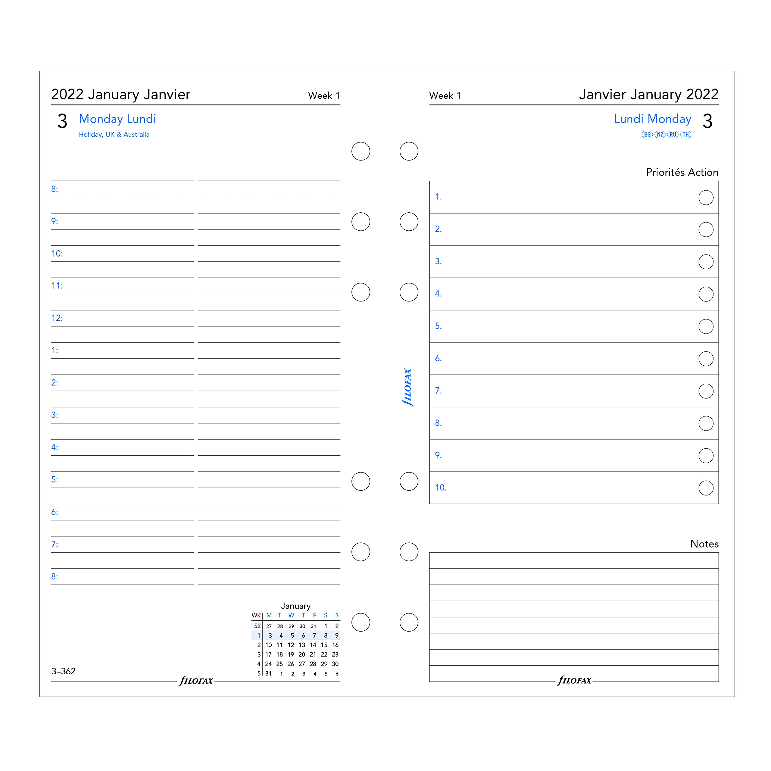 Filofax Refill, Personal/Compact Size, Day on Two Pages with Appointments, White Paper, Bilingual, 2022 (C68417-22)